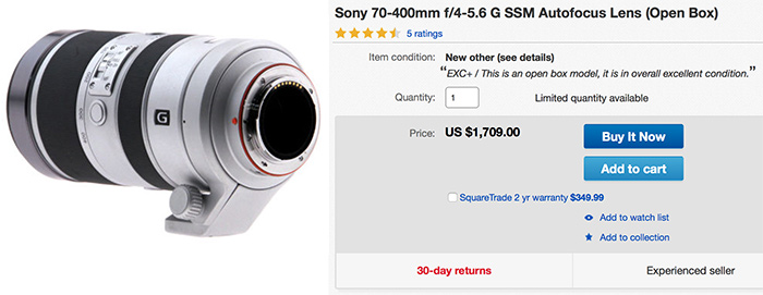 $500 off on the Open Box Sony 70-400mm f/4-5.6 G SSM lens at Samys ...