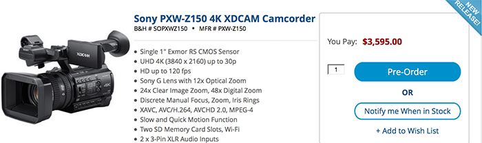 New Sony PXW-Z150 world’s first camcorder with 1.0 type stacked CMOS ...
