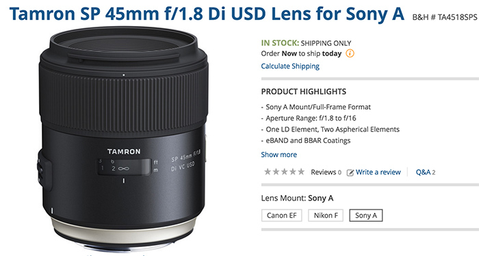 For A-mount folks: The new Tamron 45mm and 35mm SP lenses are in Stock ...