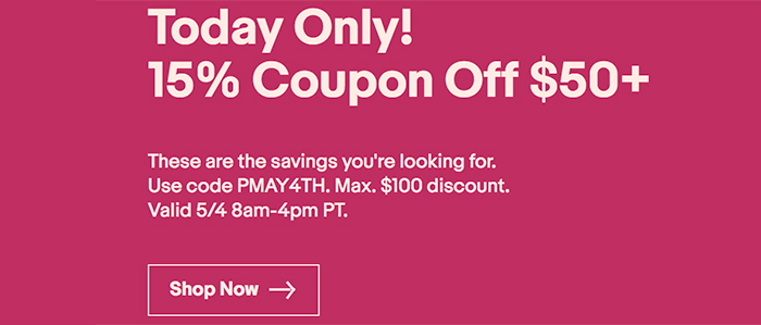 Today only: Coupon code gives you 15% discount (max $100) on all eBay ...